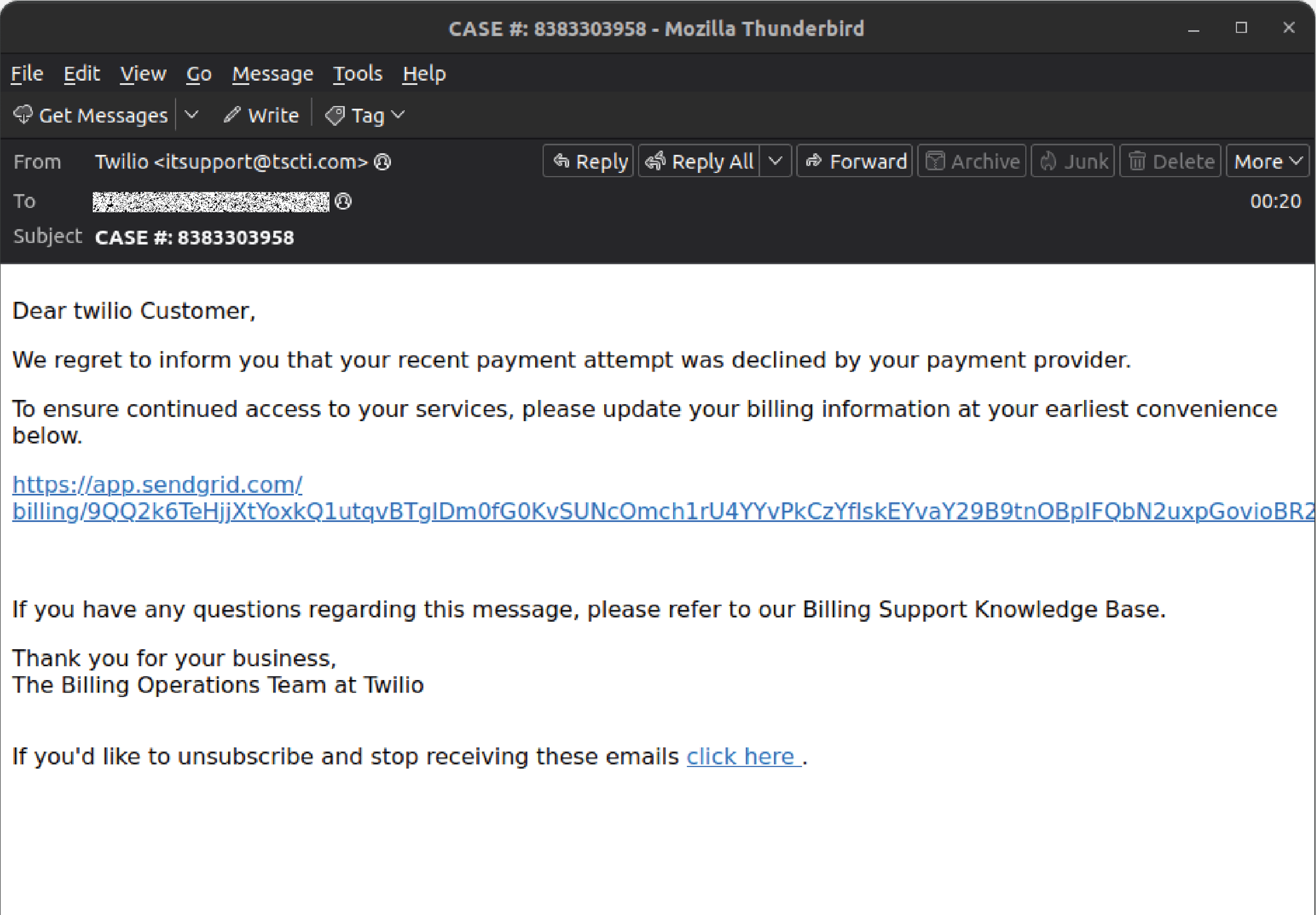 “Twilio SendGrid” phishing email steals logins